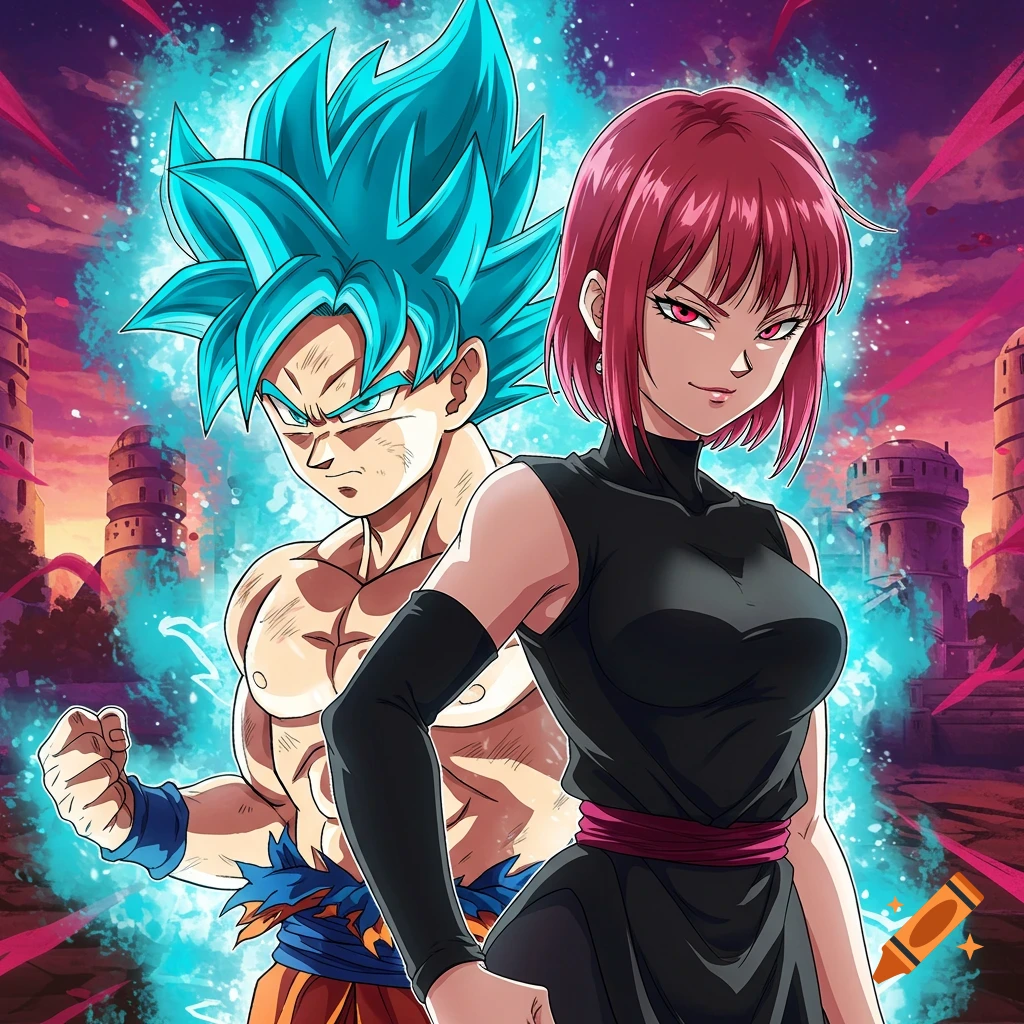 Anime illustration of Super Saiyan Blue Goku and Makima standing in a ...