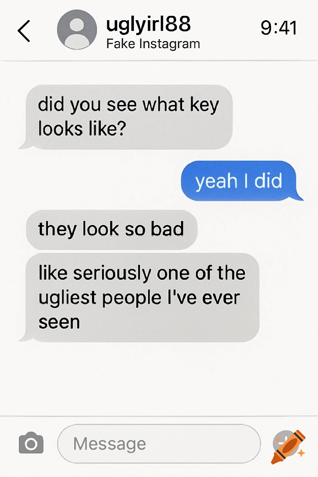 Screenshot of a text message conversation calling someone ugly. on Craiyon