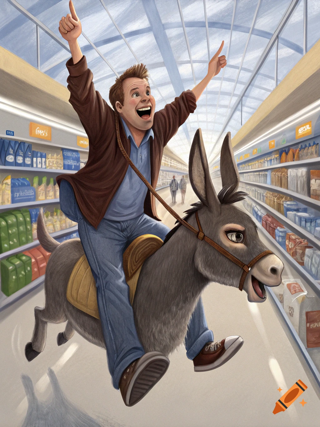 A man rides a flying donkey through a supermarket aisle, cheering with ...