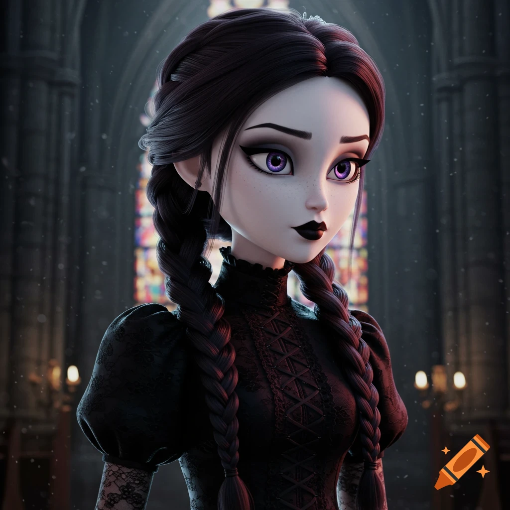 Stylized cartoon girl with braided dark hair in gothic dress inside a ...