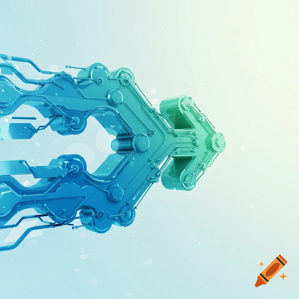 A 3D render of a futuristic blue and green arrow symbol with circuit ...