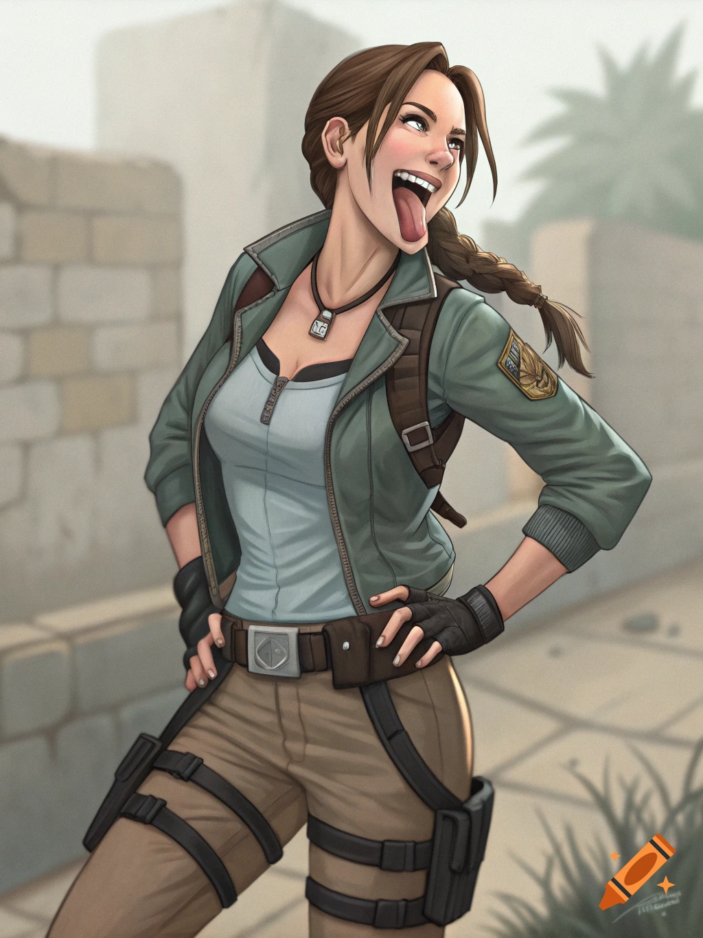 Illustration of Lara Croft playfully sticking out her tongue in her ...