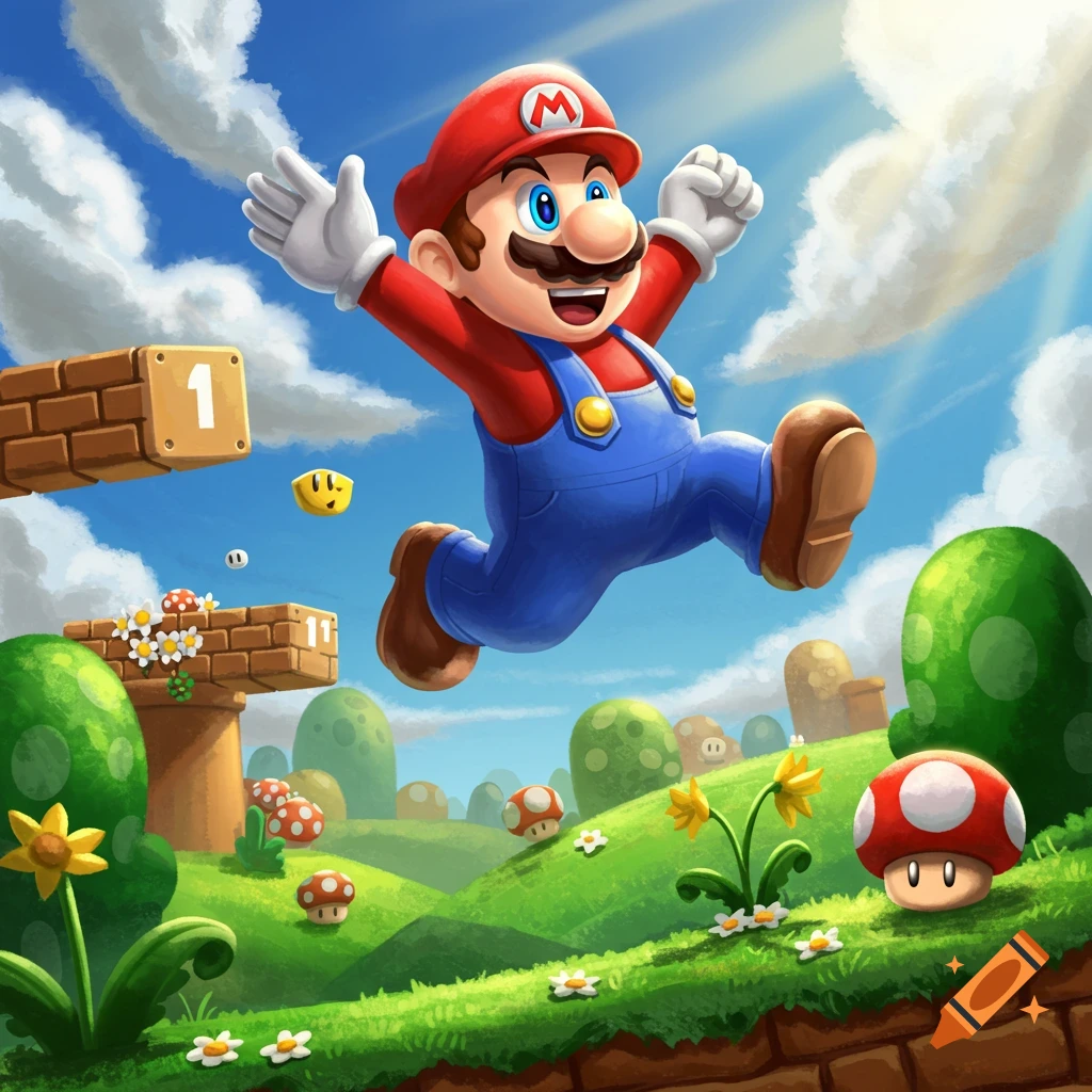Mario jumps over blocks in a bright cartoon video game landscape with ...