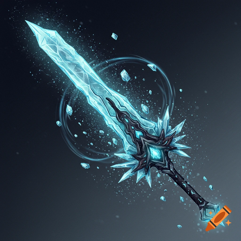 Close-up of a stylized glowing ice fantasy sword with dark metal ...
