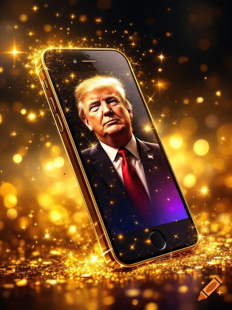 Golden smartphone covered in glitter with a portrait of Donald Trump on ...