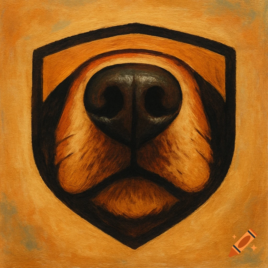 A painted close-up of a dog's snout within a shield-shaped logo. on Craiyon