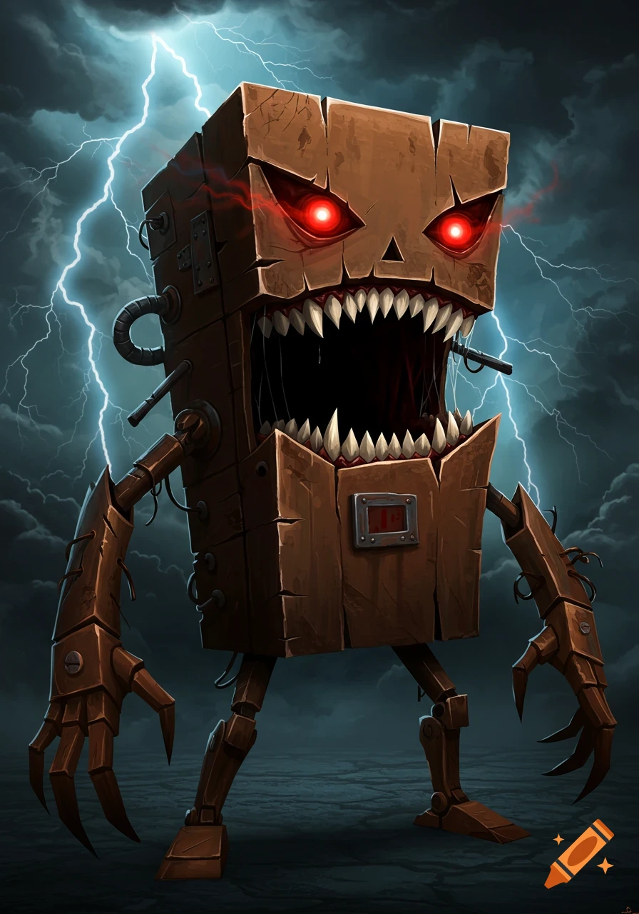 A scary box monster with red eyes and sharp teeth stands under ...