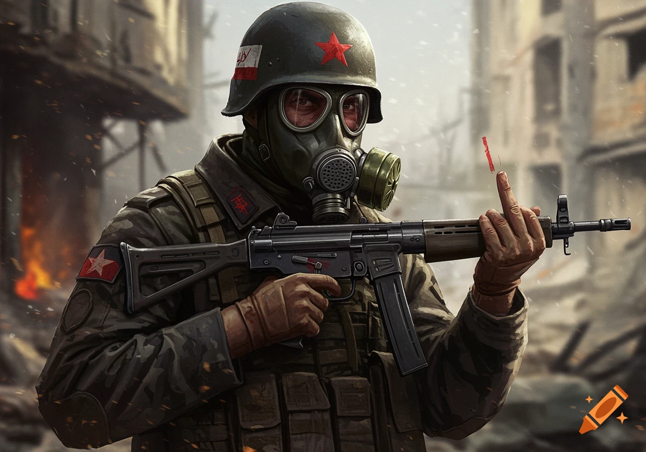 Soldier in gas mask and helmet holds a rifle and gives a middle finger ...