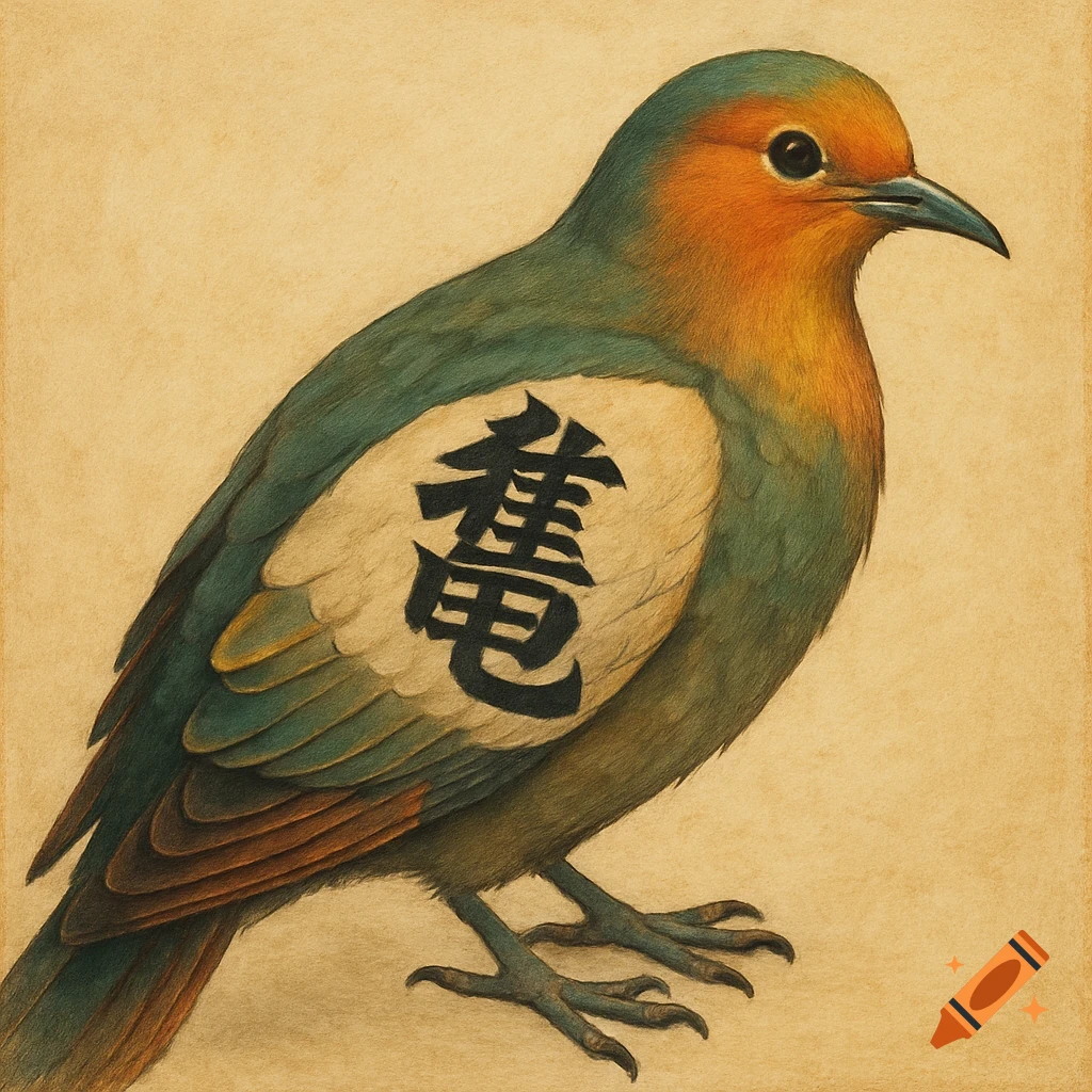 An illustration of a bird with Japanese kanji on its wing. on Craiyon