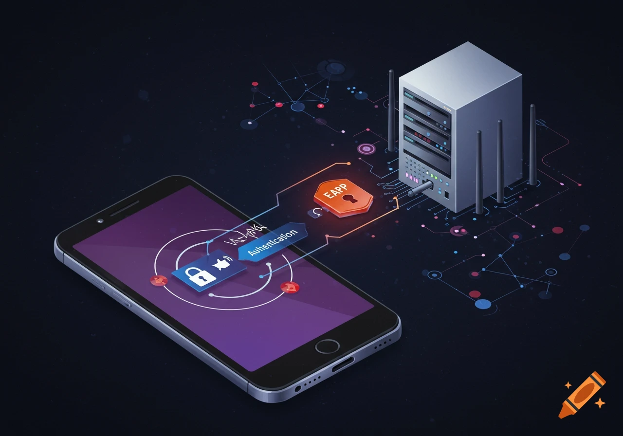 Illustration of a smartphone connecting to a server for authentication. on Craiyon