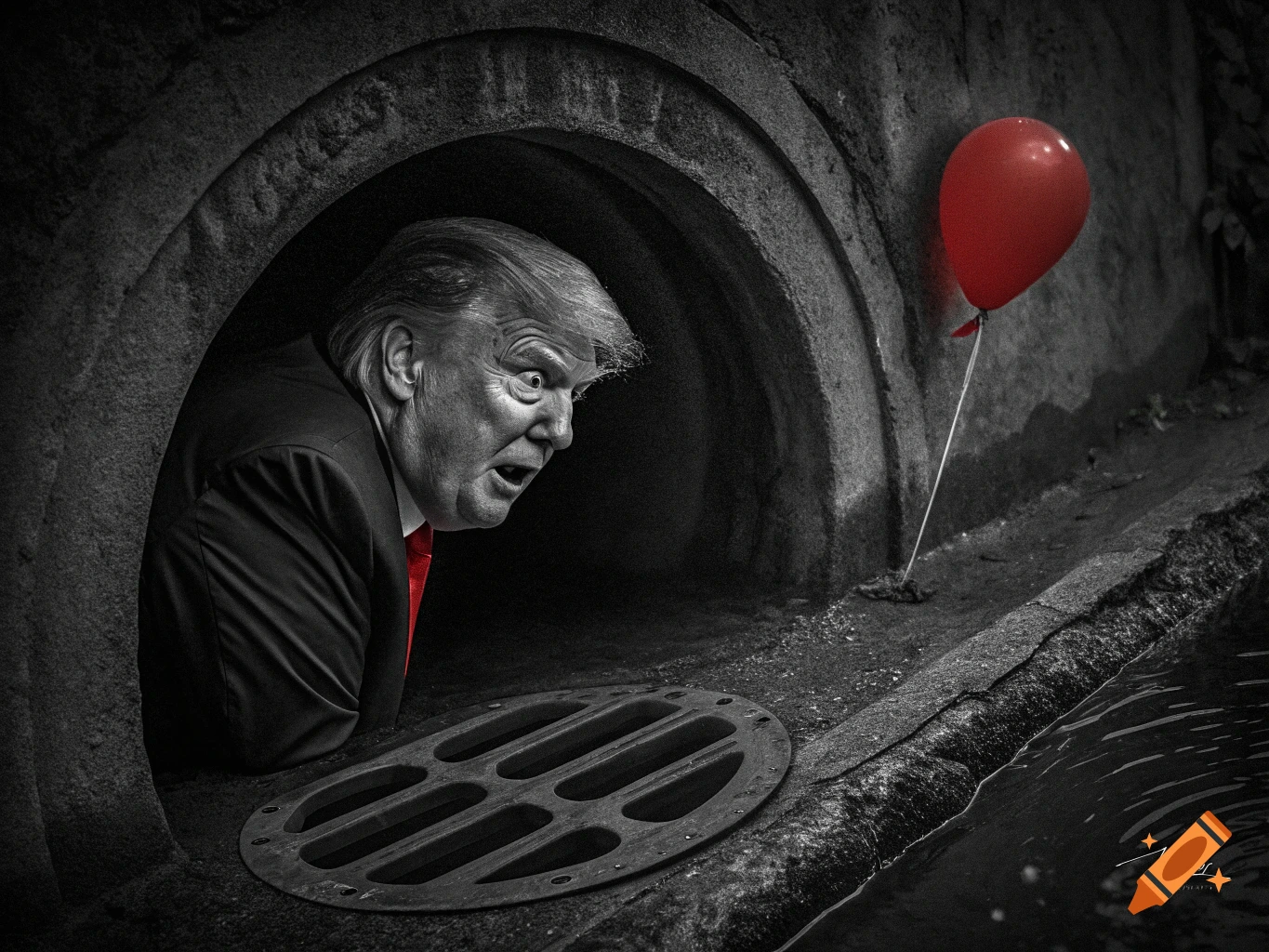Photorealistic image of Donald Trump emerging from a storm drain and ...