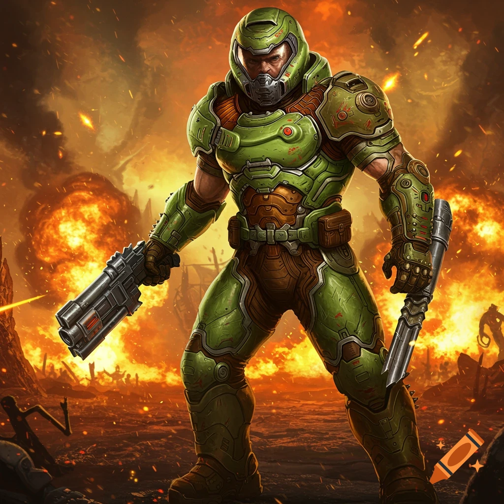 A man in green armor holds weapons amidst explosions and destruction ...