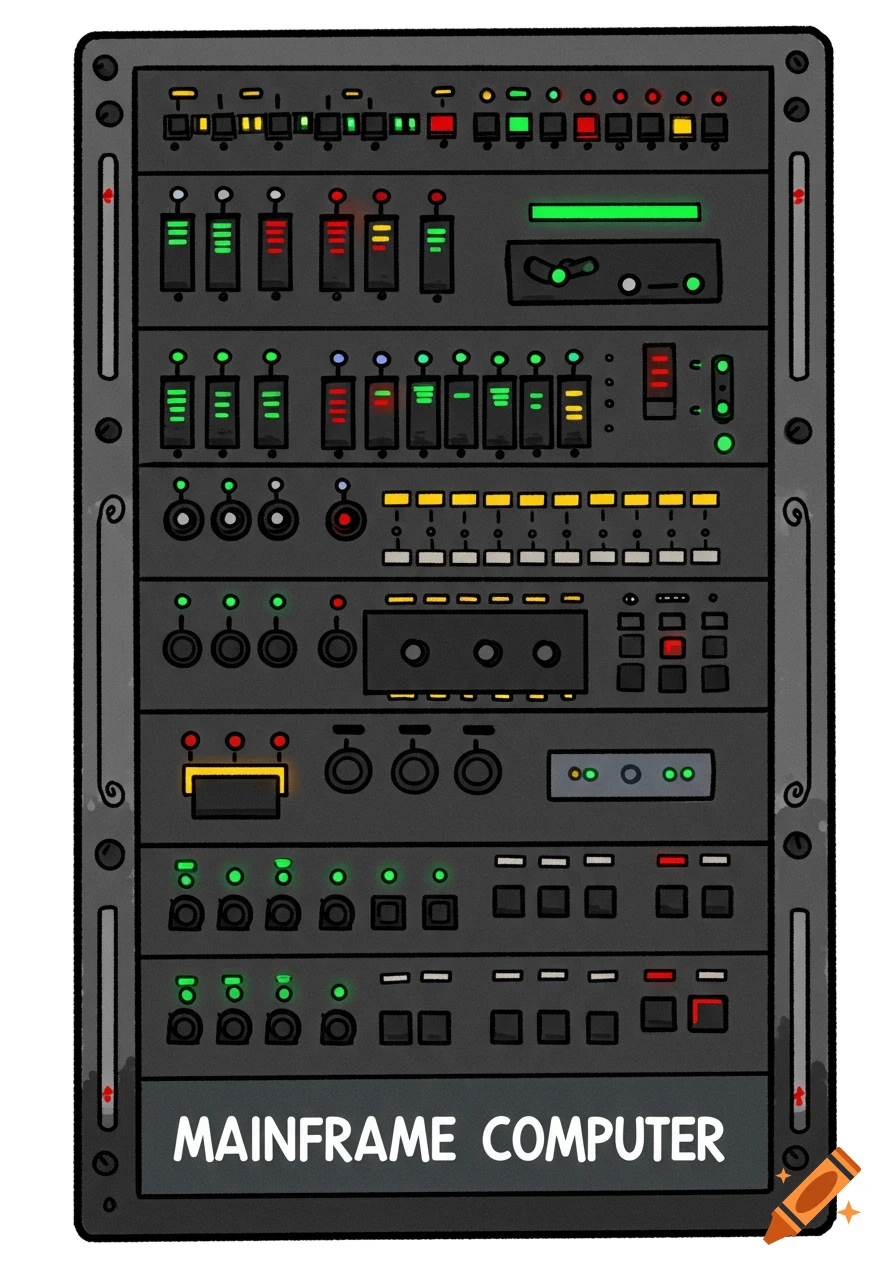 A felt pen clipart illustration of a mainframe computer front panel ...