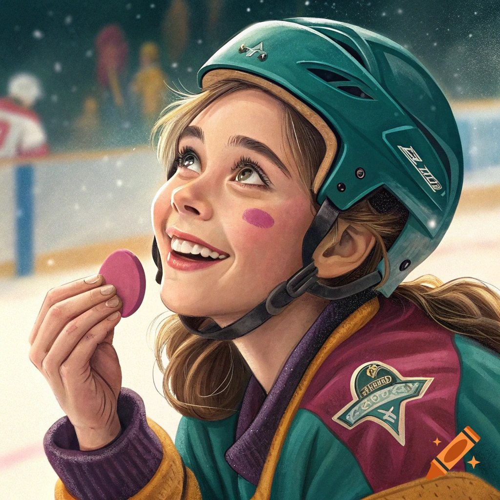Young girl in a hockey helmet and jacket smiles while applying blush on ...