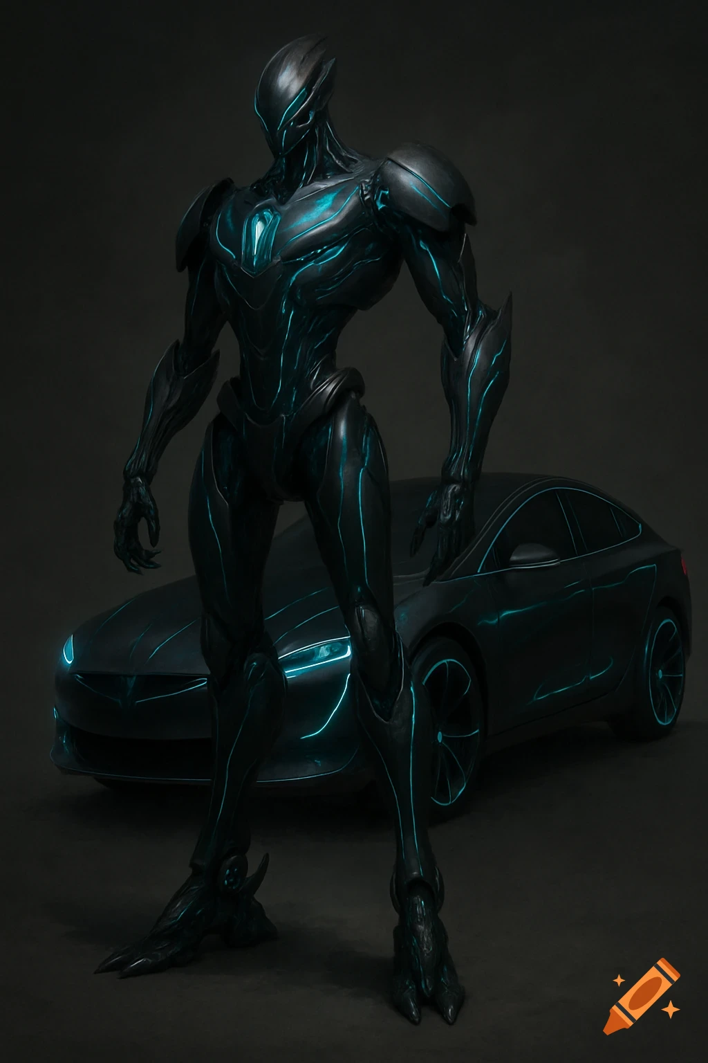 A dark cybernetic figure with glowing blue lines stands next to a black ...