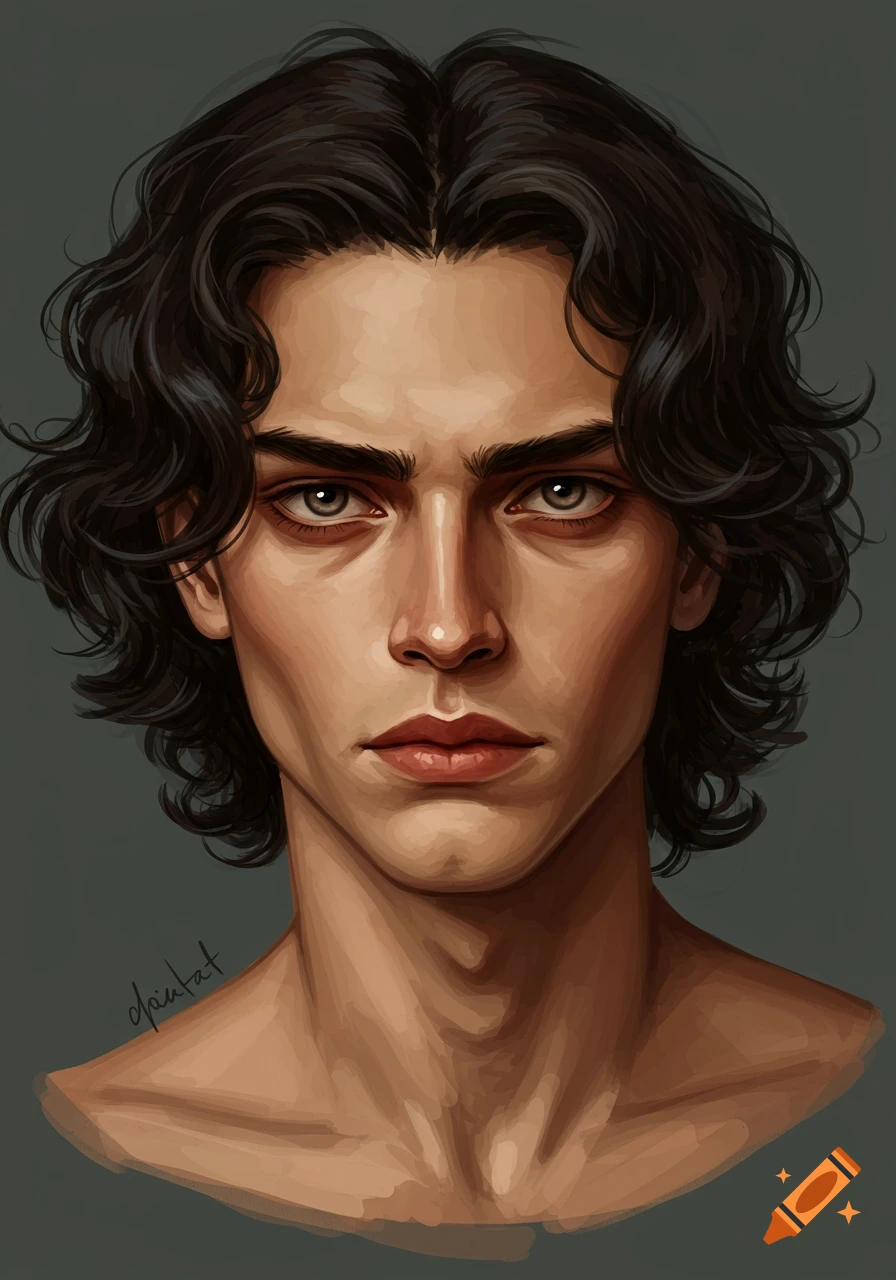Digital painting portrait of a brooding young man with dark, wavy hair ...