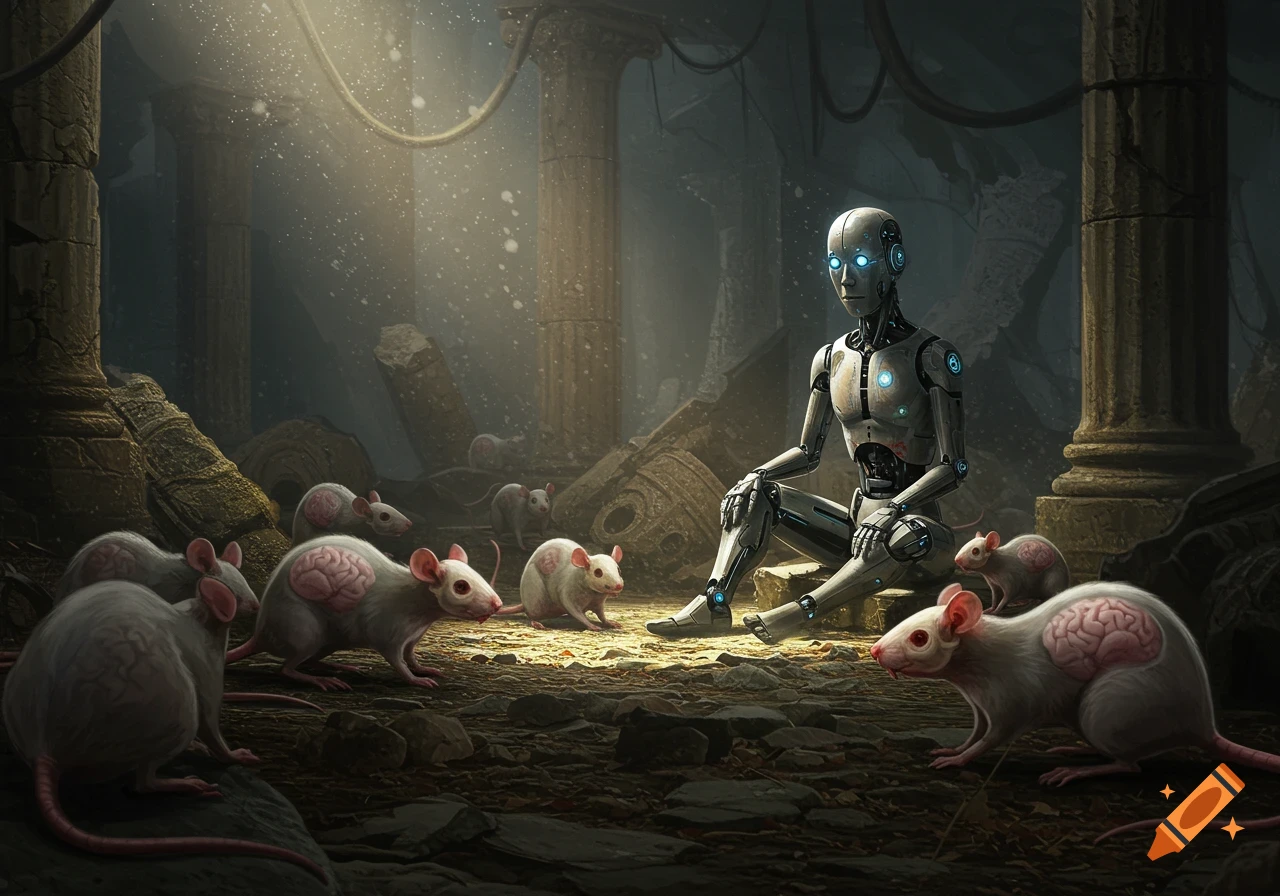 A robot sits among rats with visible brains in ancient ruins, bathed in ...