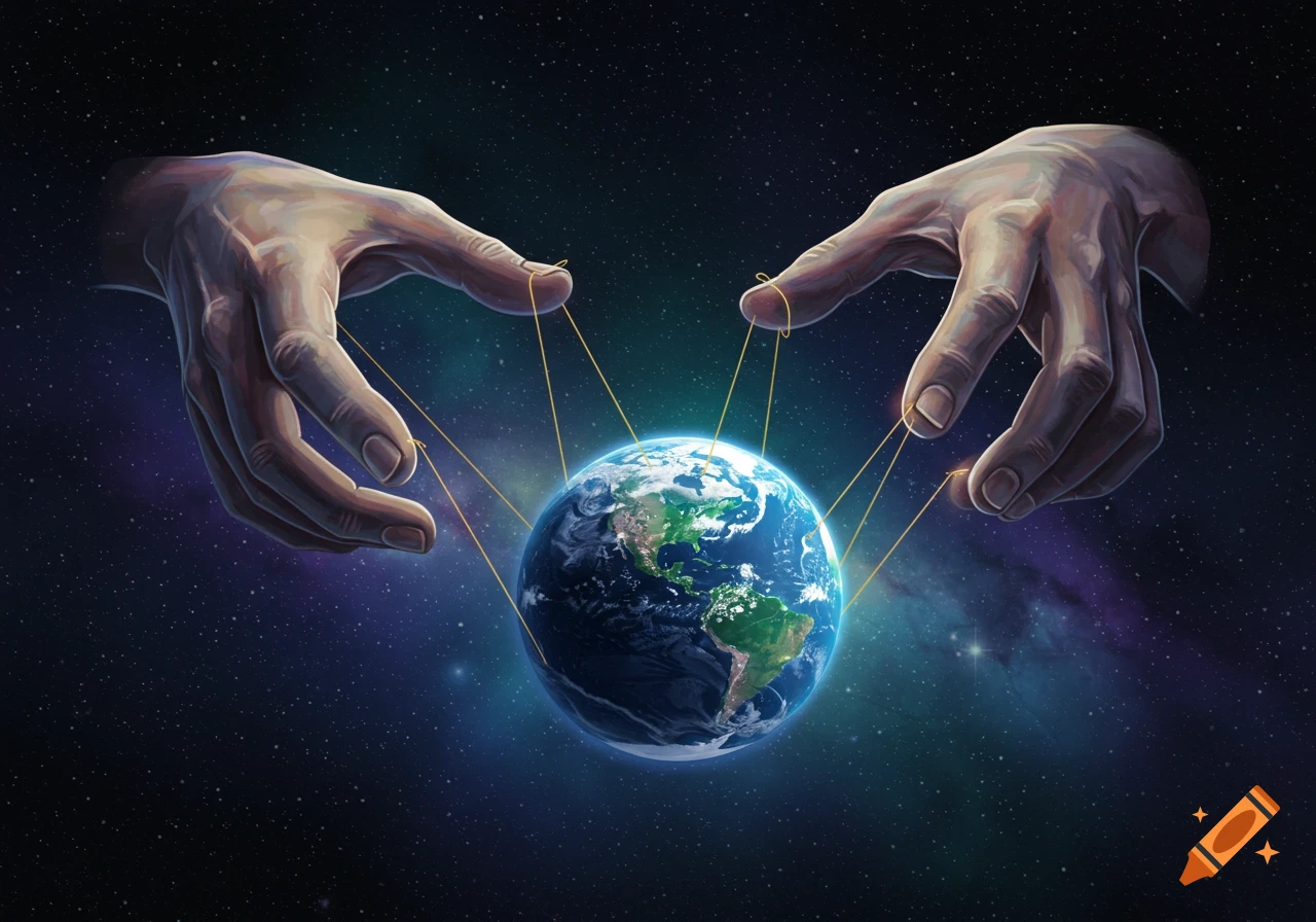 Two hands control the Earth like a puppet with strings in space. on Craiyon