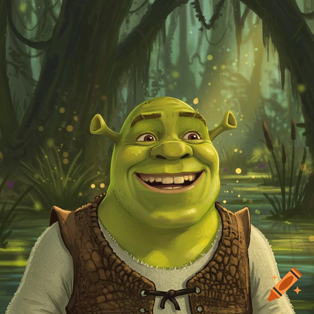 Shrek smiling in a swamp, digital painting. on Craiyon