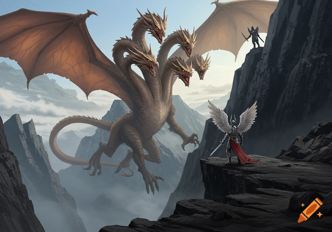 A multi-headed dragon faces an armored angel on a cliff edge in a ...