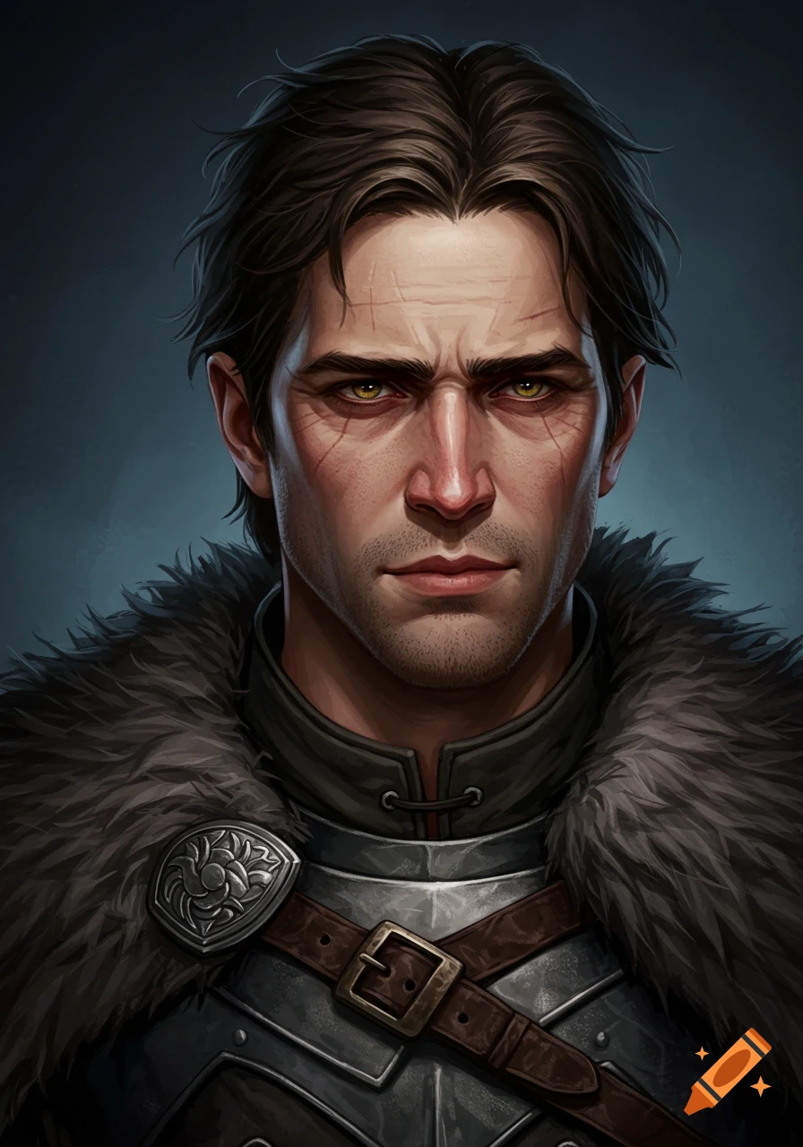 Hyper realistic fantasy portrait of a man with yellow eyes in armor and ...