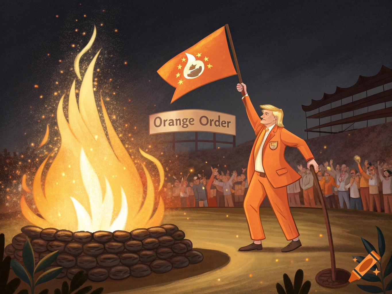 Stylized illustration of a figure resembling Donald Trump holding an ...