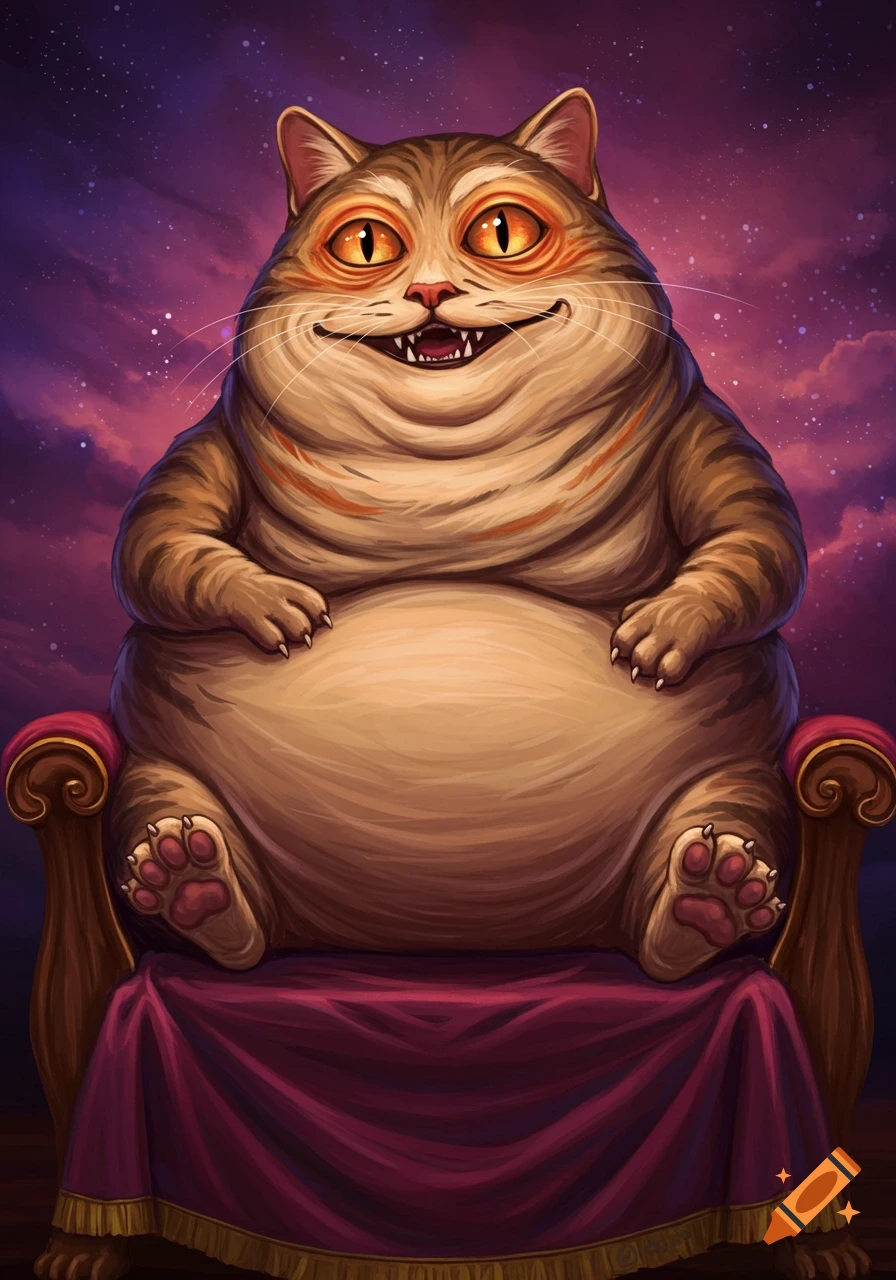An illustration of a large, fat cat with wide eyes sitting on a chair ...