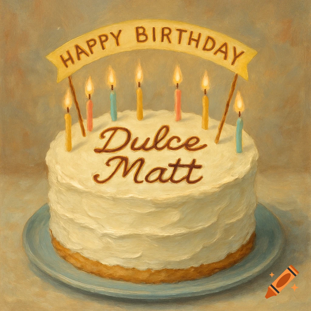 A birthday cake with candles and 'Happy Birthday Dulce Matt' written on ...