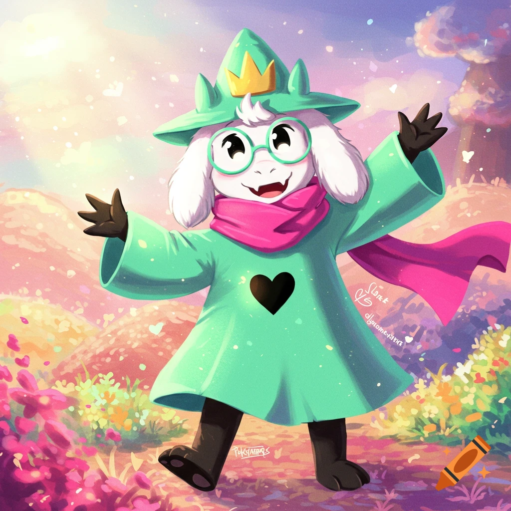 Illustration of the character Ralsei from Deltarune, an anthropomorphic goat in a green robe ...