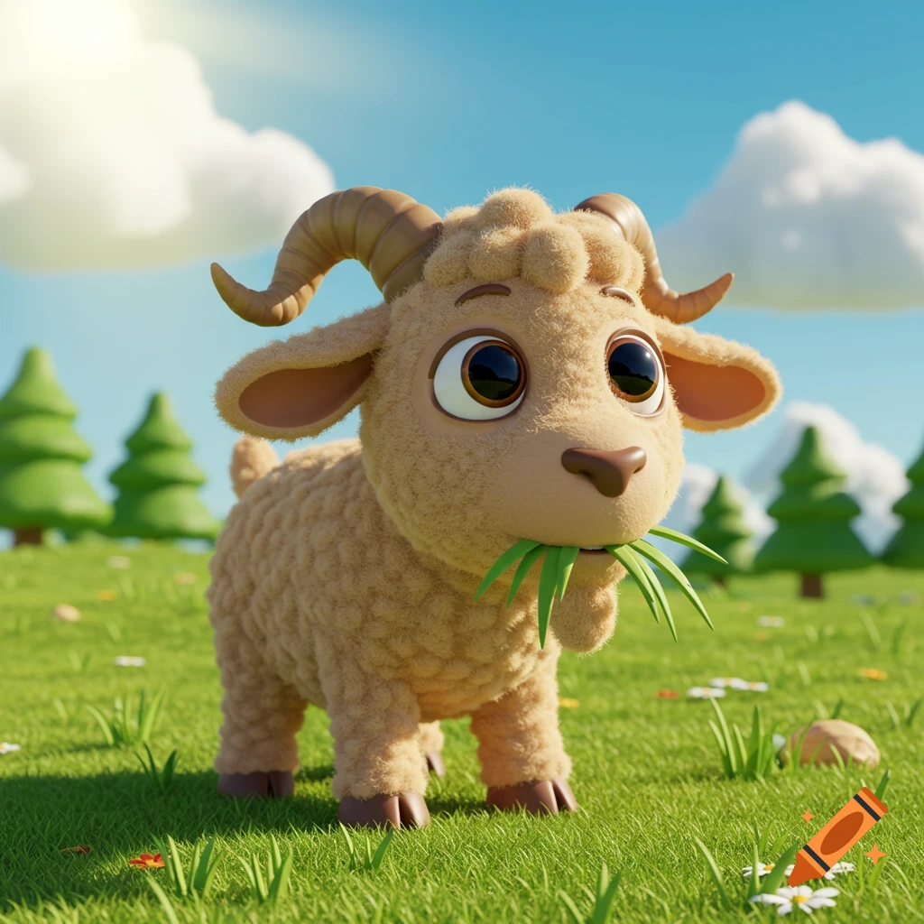 3D cartoon of a cute fluffy goat chewing grass in a field on Craiyon