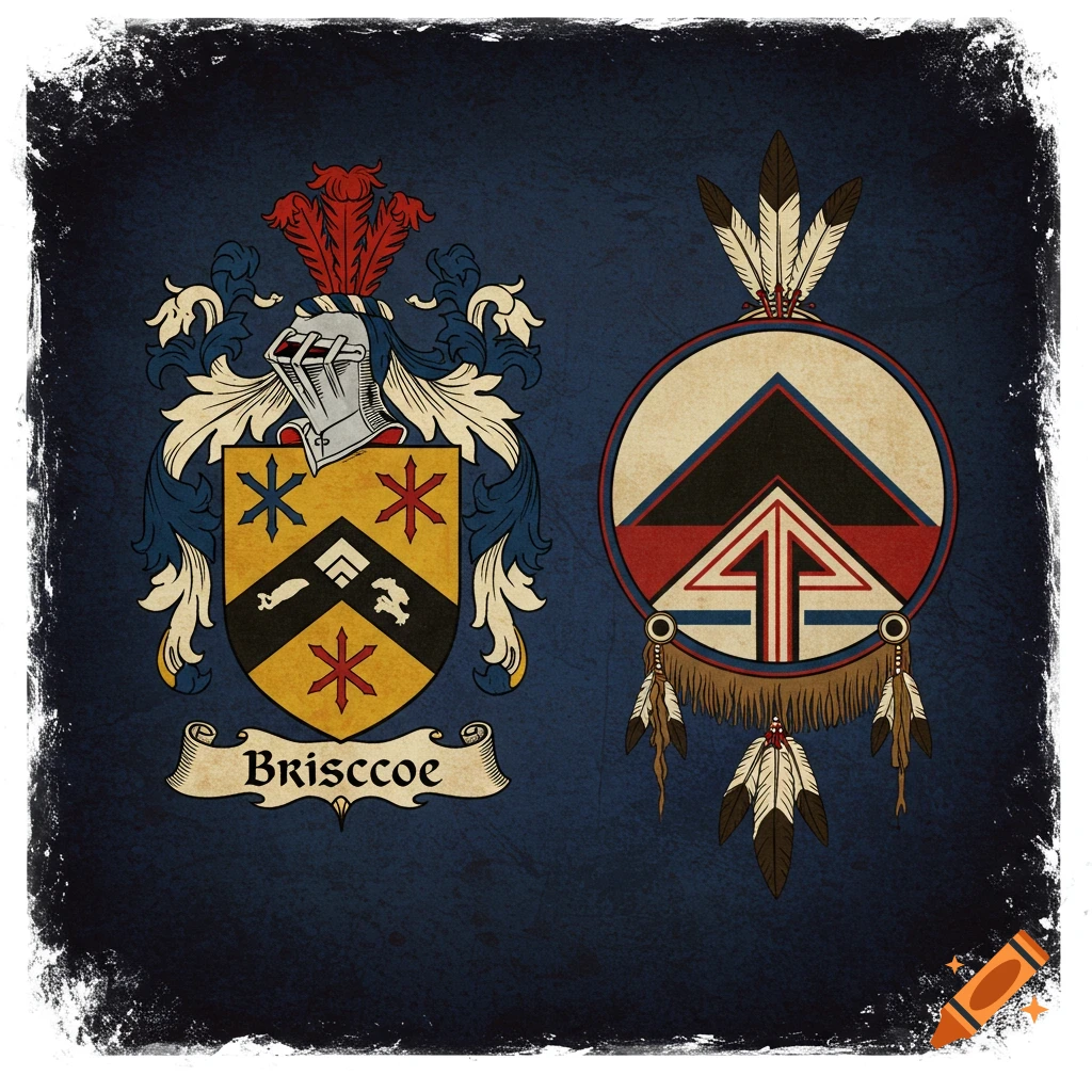 Briscoe coat of arms and Native American symbol on blue textured ...