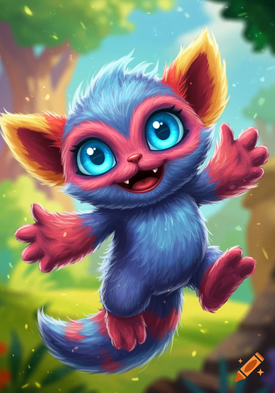 Cute blue and pink furry fantasy creature with big blue eyes jumping in ...