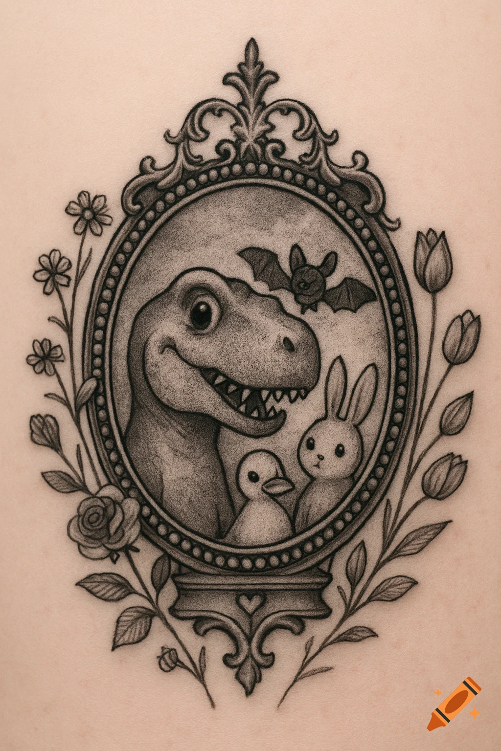 Cartoon animals in a gothic frame with flowers, charcoal drawing style ...