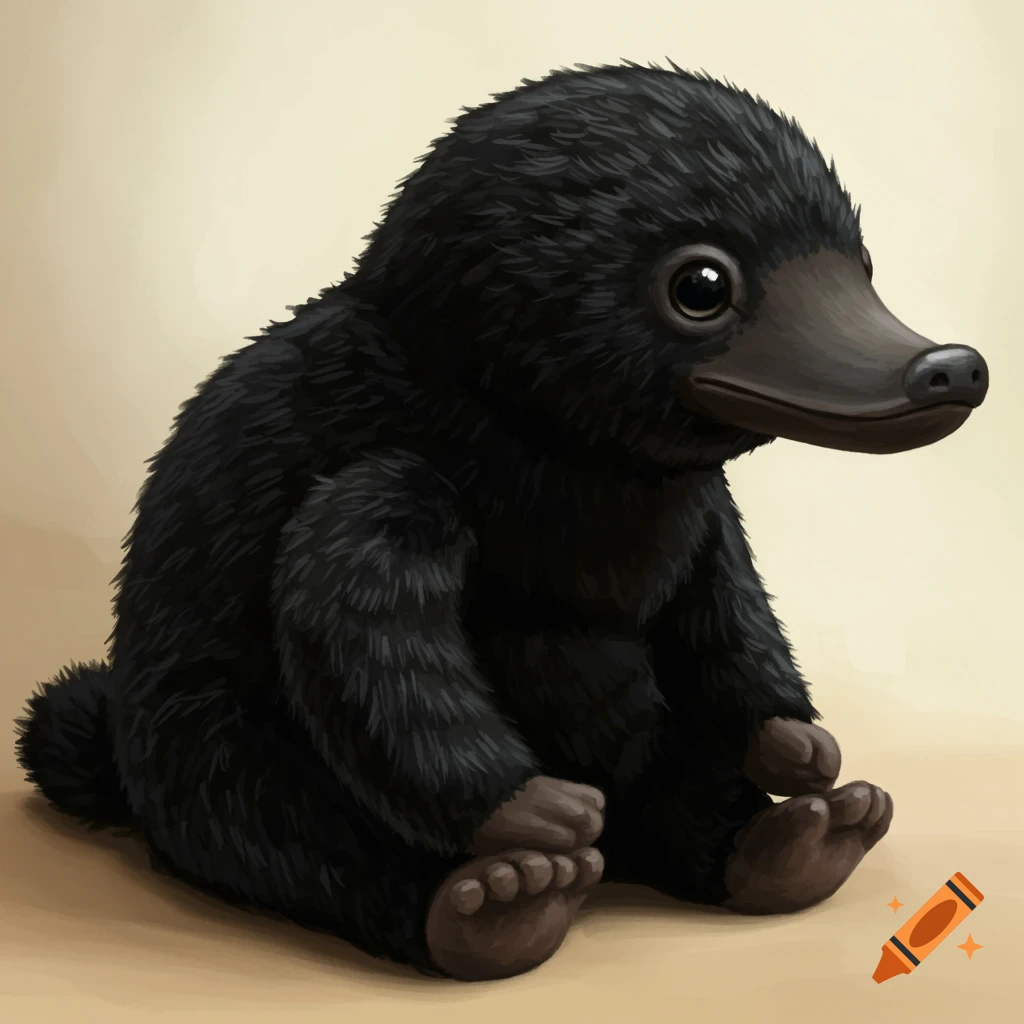 A realistic rendering of a black Niffler plush toy sitting on a tan ...