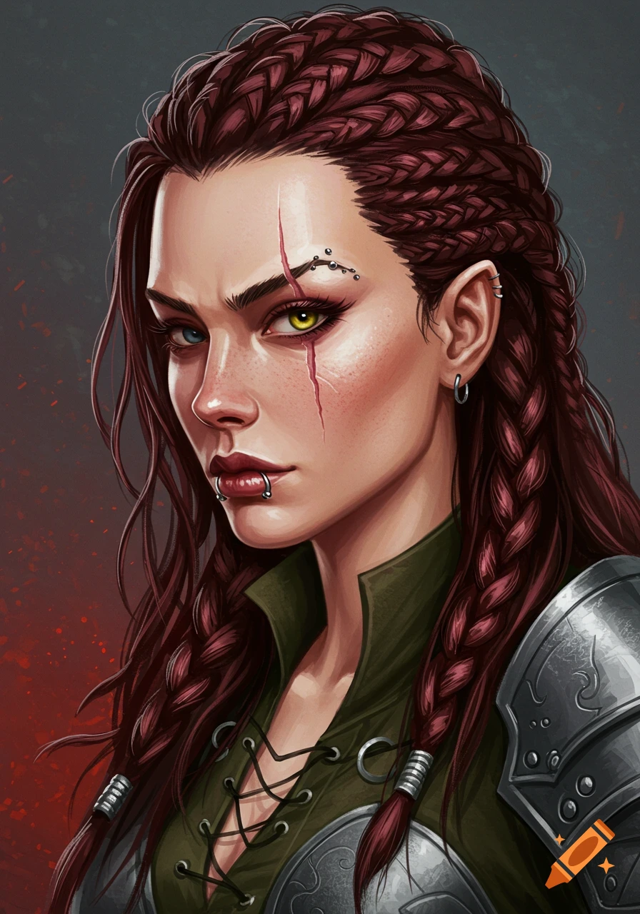 Digital painting of a female fantasy warrior with red braided hair ...