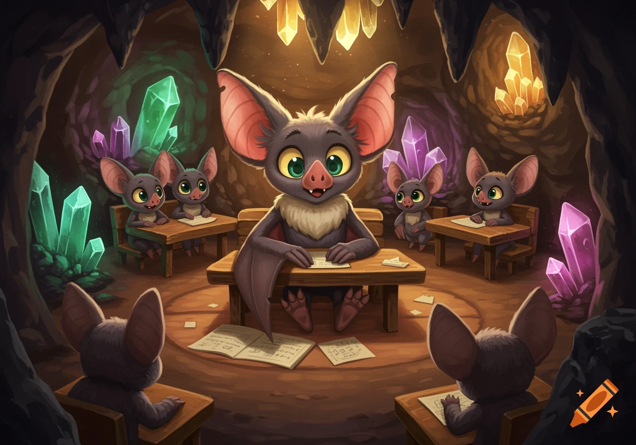 A cartoon bat teacher sits at a desk in a cozy cave classroom with bat ...