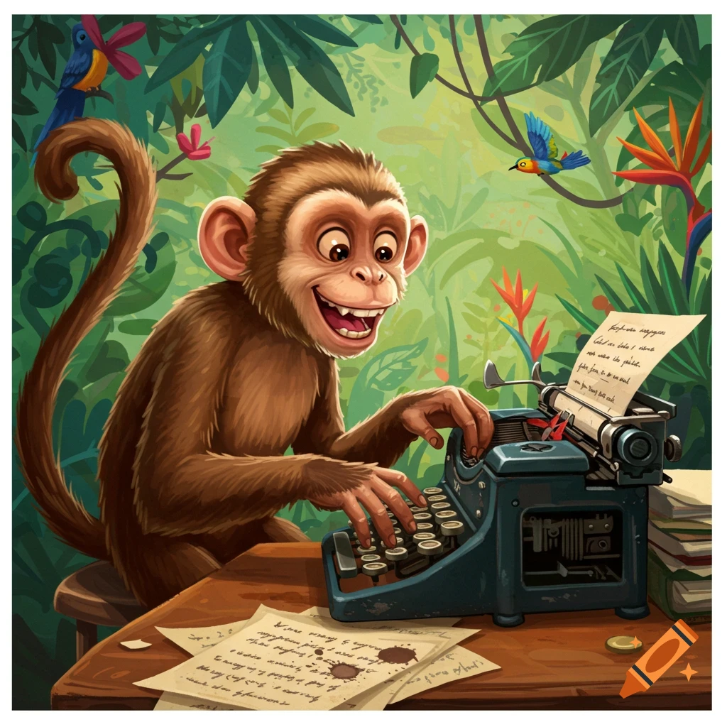 Cartoon monkey typing on a typewriter in a jungle. on Craiyon