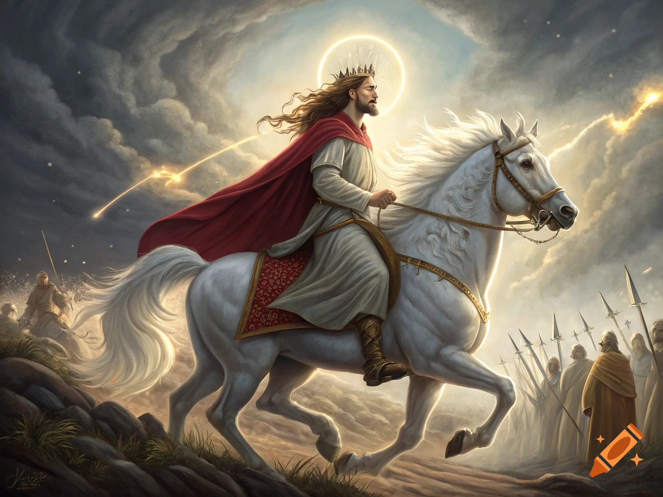 Jesus Christ on a white horse leading figures into battle, fantasy art ...