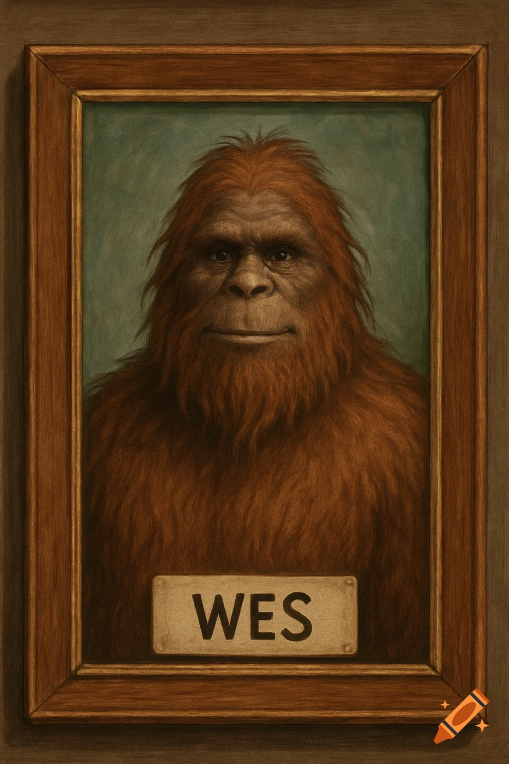 Painting of a Sasquatch portrait in a wooden frame with a name tag ...