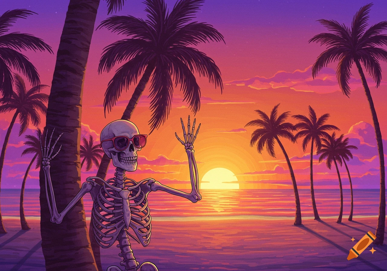 A skeleton wearing sunglasses waves on a beach with palm trees at ...