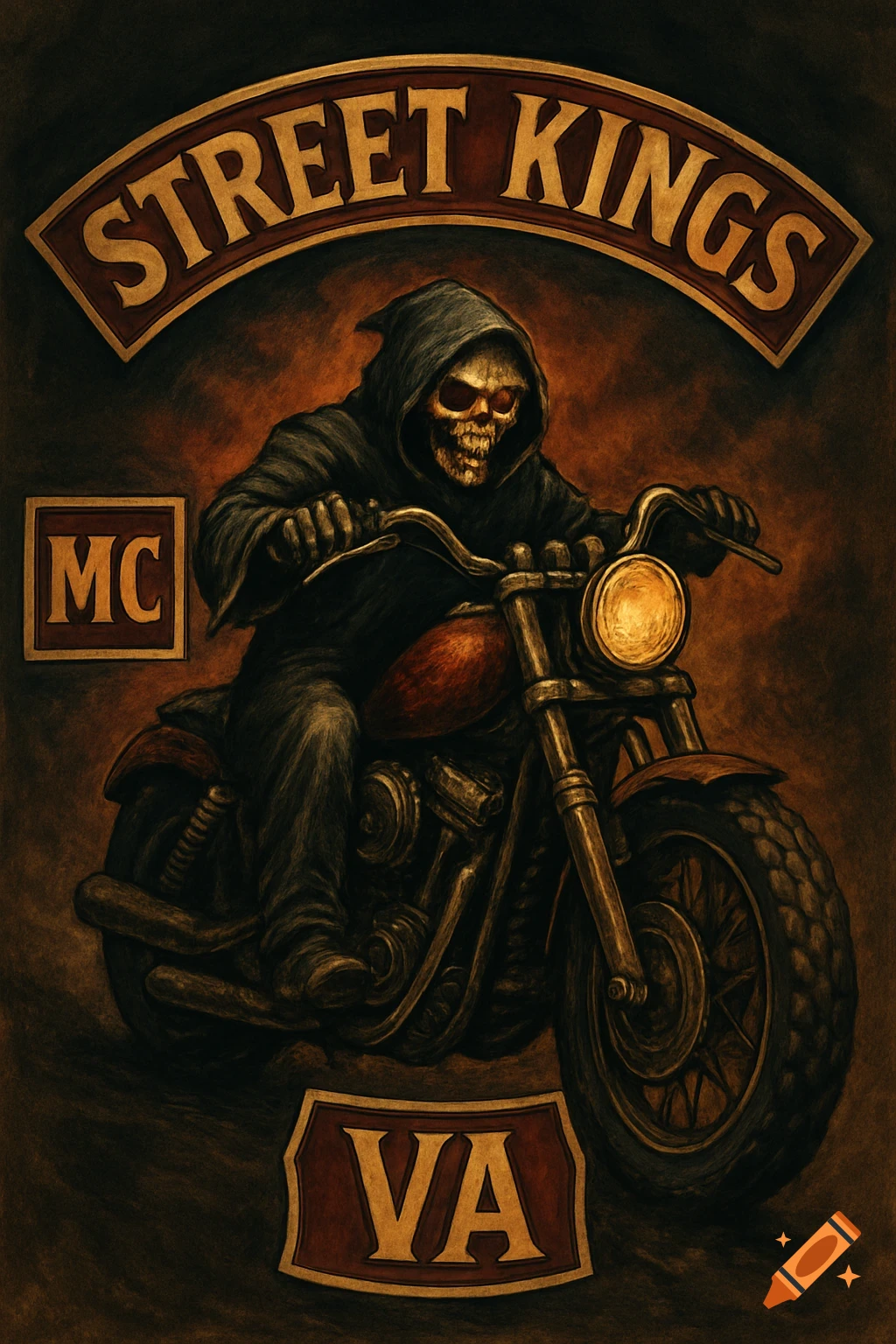 Illustration of a skeleton riding a motorcycle with Street Kings MC VA ...