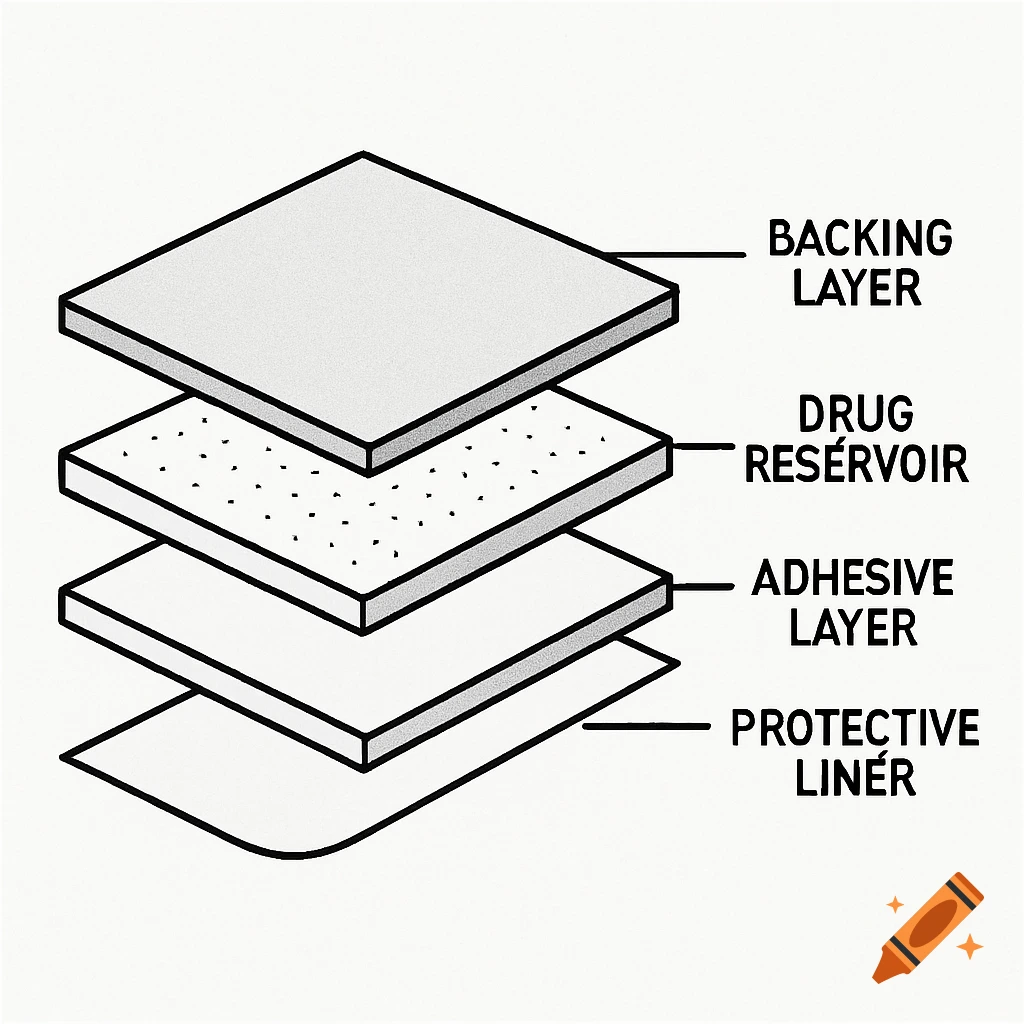 Diagram showing the layers of a transdermal patch. on Craiyon