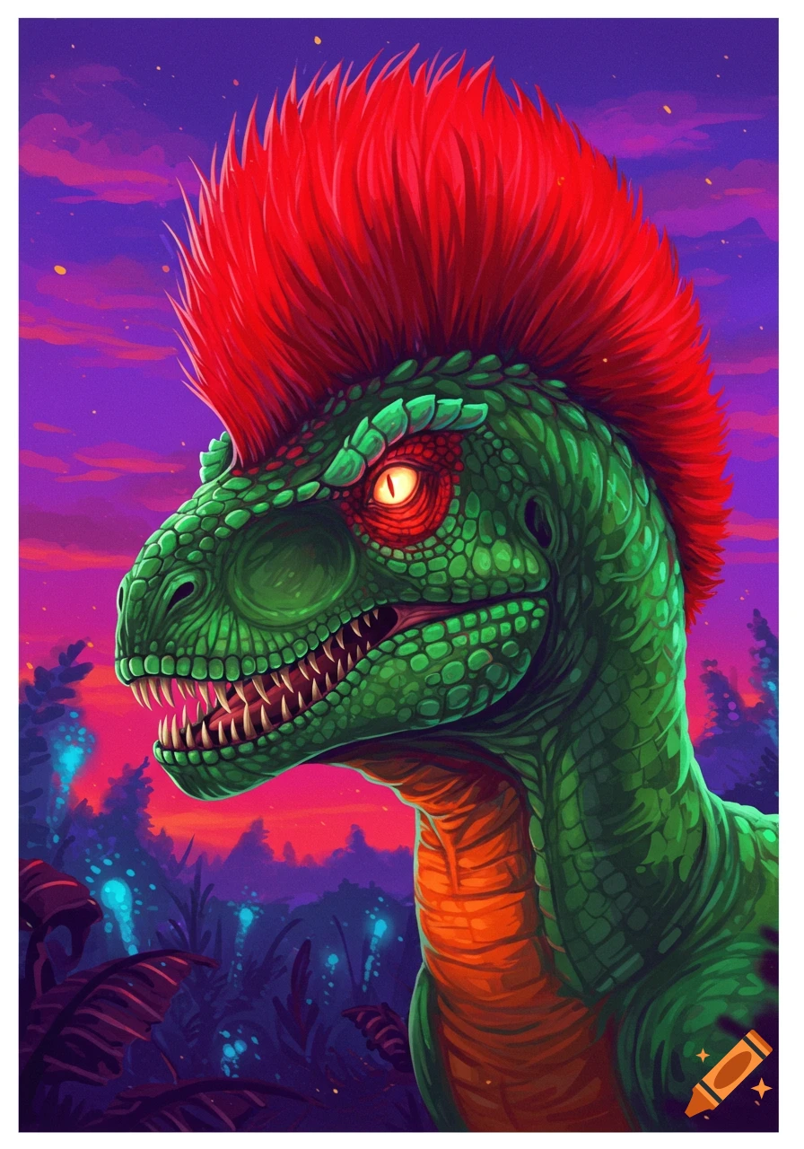 Close-up illustration of a green dinosaur with a red mohawk in a ...