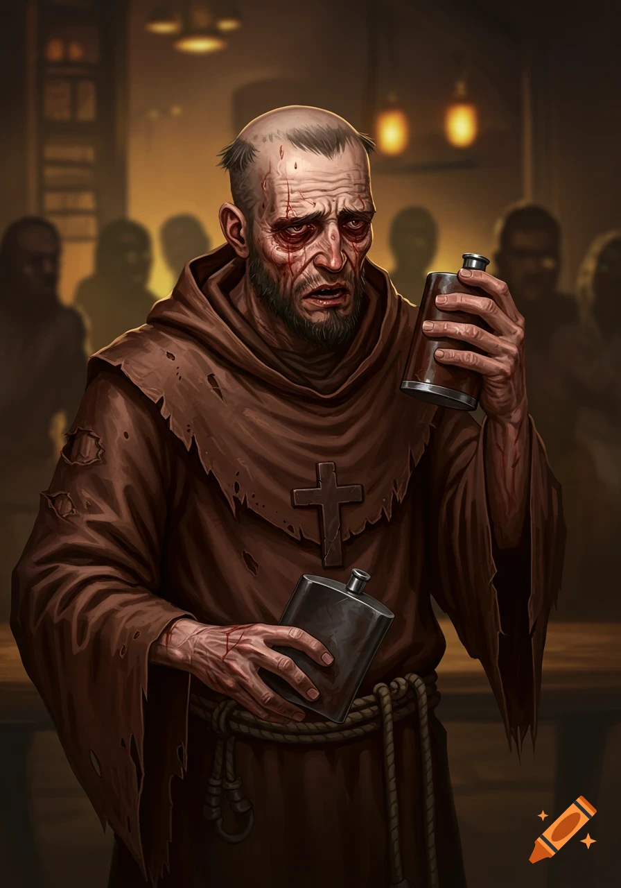Fantasy illustration of a ragged monk with a sad expression holding two flasks in a dim tavern ...