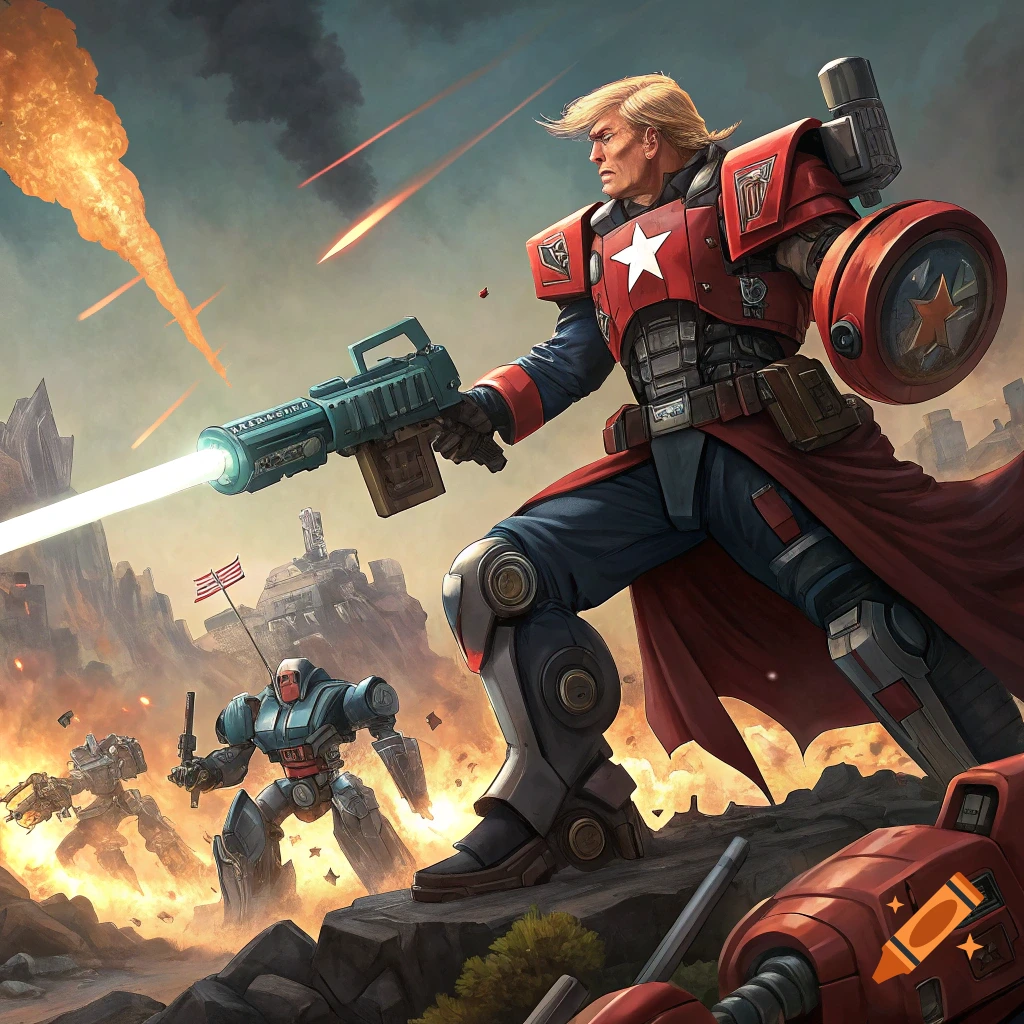 Figure resembling Trump in red sci-fi power armor fights robots in a ...