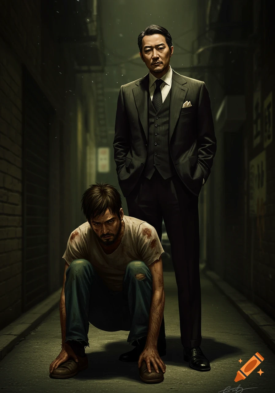 A well-dressed man stands over a crouched, blood-stained man in a dark ...