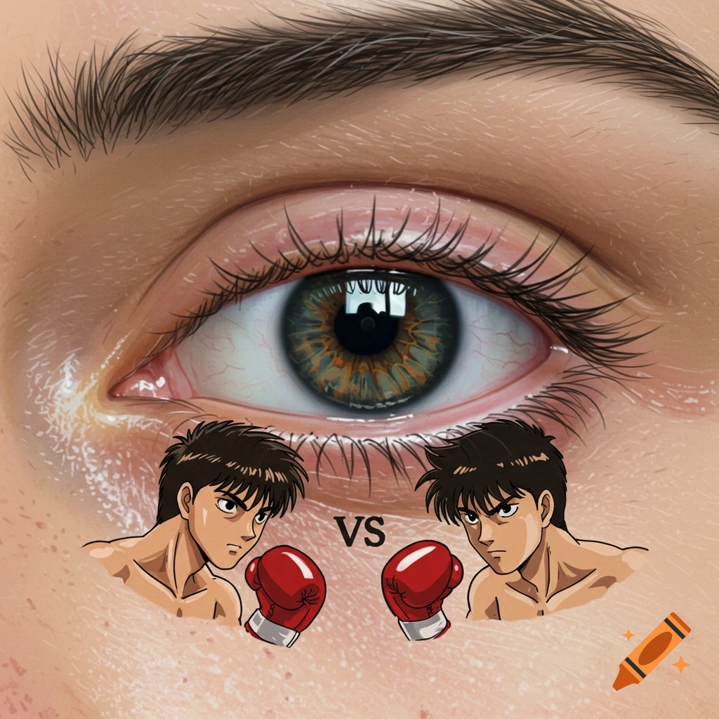 Close-up of a human eye with two anime boxers and 'VS' below on Craiyon