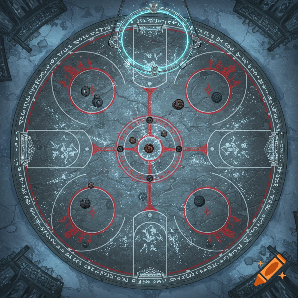 Top-down view of a circular fantasy sports arena court with symbols ...