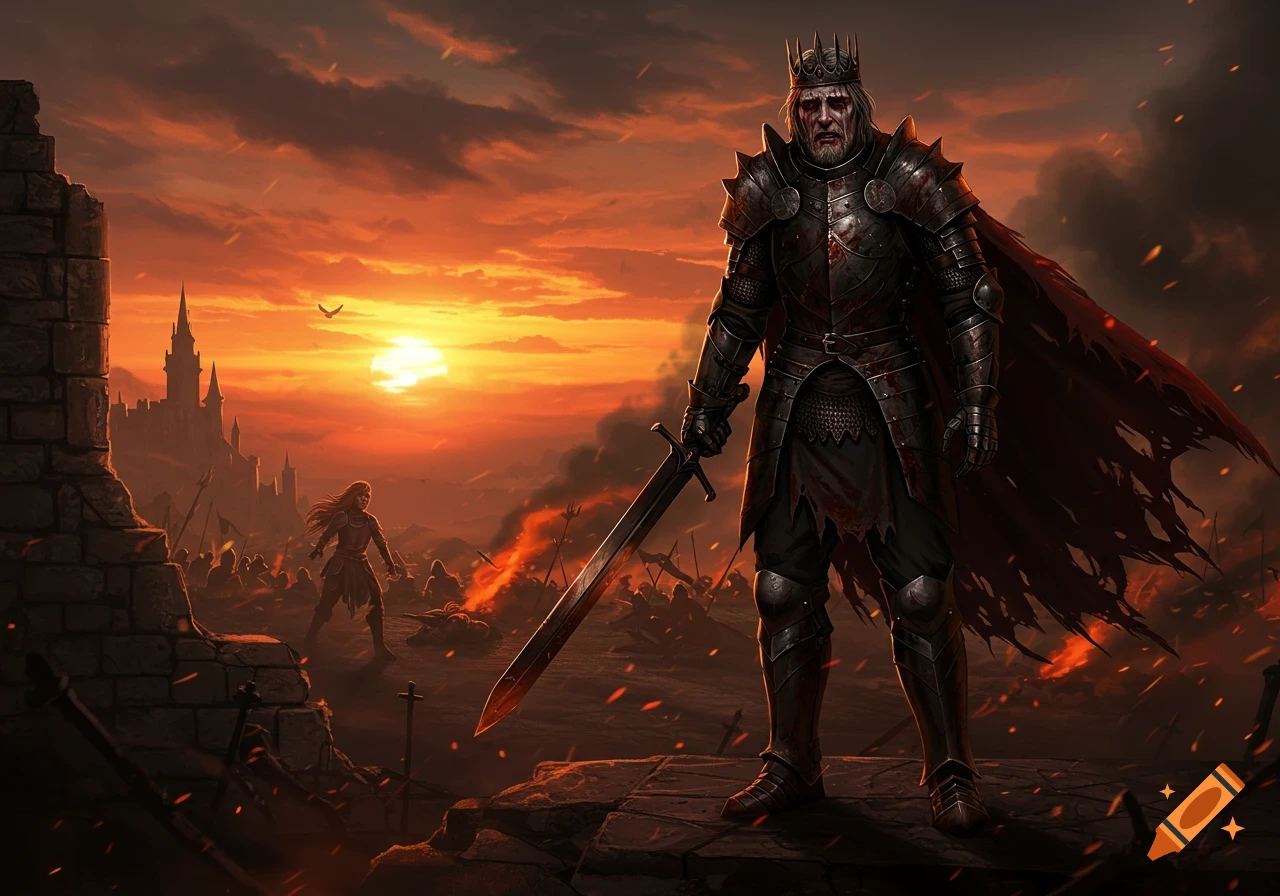 Battle-worn king in dark armor stands on a crumbling wall at sunset ...