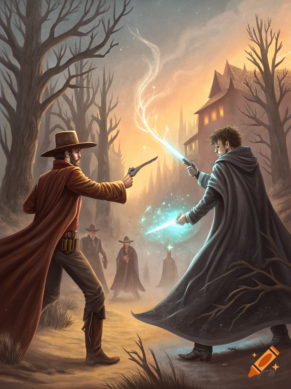 A cowboy duels a wizard in a fantasy Western landscape. on Craiyon